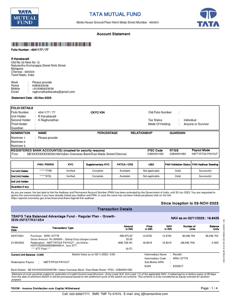 Tata Mutual Fund: Account Statement | PDF | Cheque | Banks