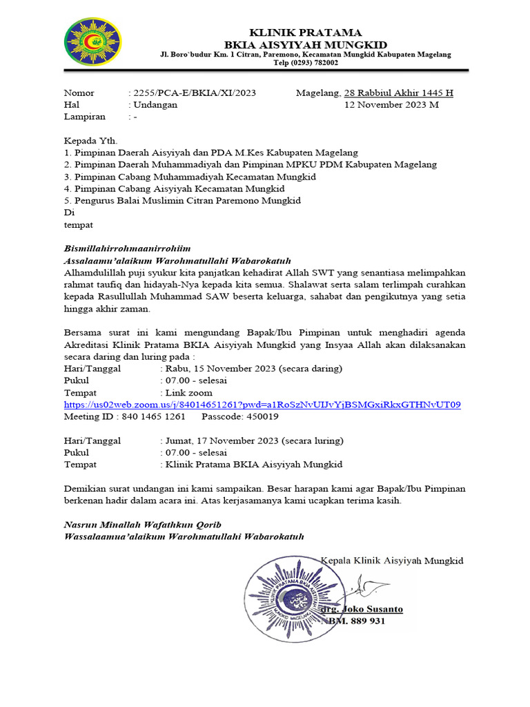Undangan Akreditasi Klinik BKIA Mungkid | PDF