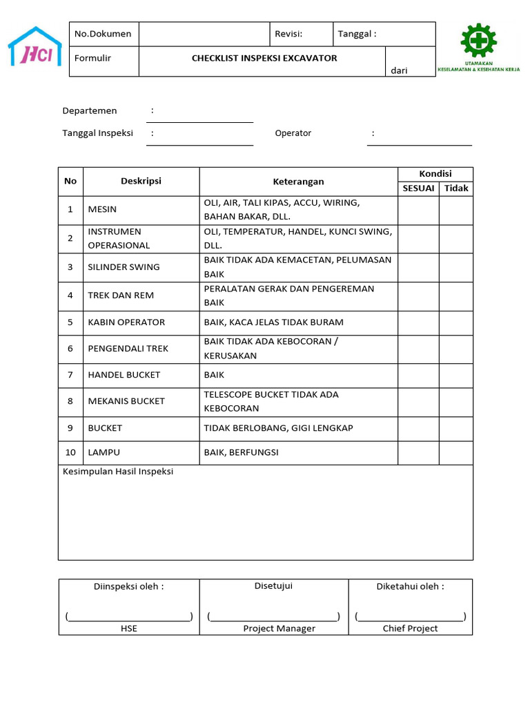Form Check List Inspeksi Excavator Hci | PDF