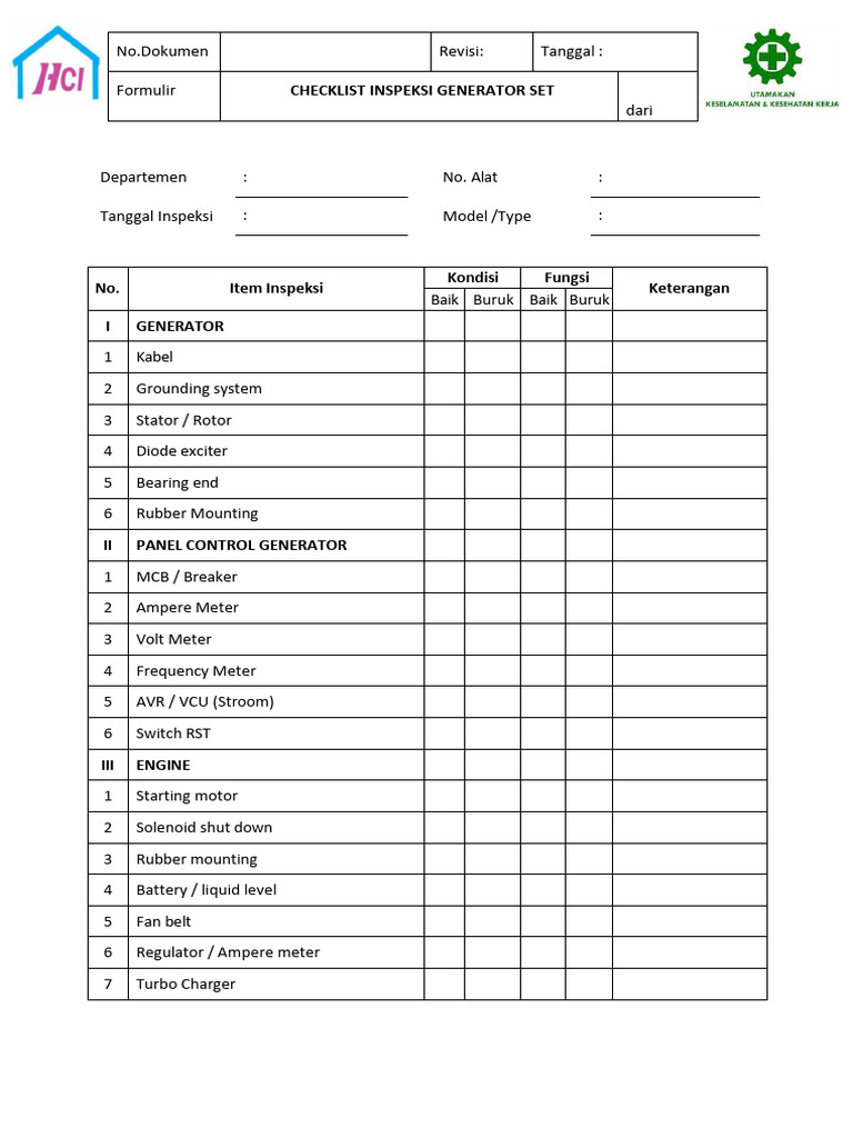 Form Check List Inspeksi Generator Set Hci | PDF