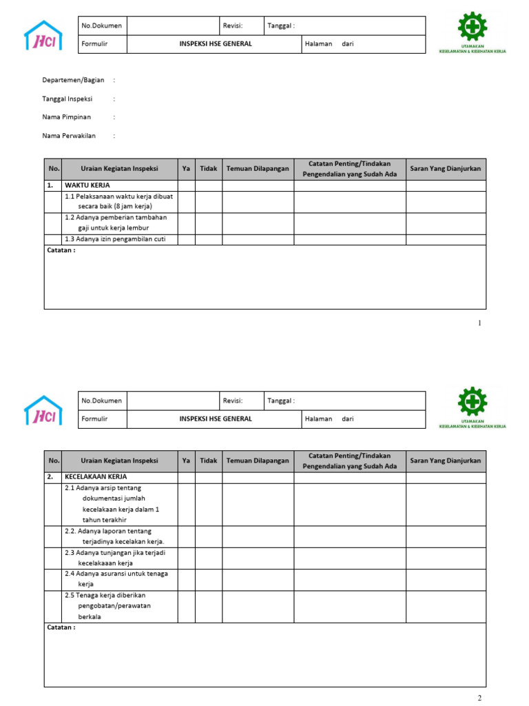 Inspeksi HSE General: Prosedur dan Temuan | PDF