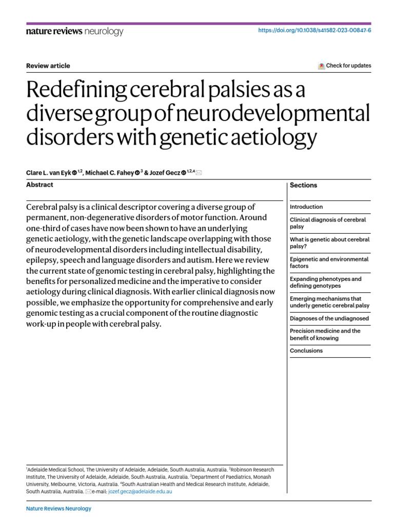 Redefining Cerebral Palsies As A Diverse Group of Neurodevelopmental Disorders With Genetic ...