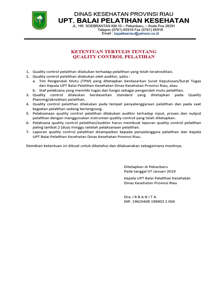 Quality Control Pelatihan Kesehatan Riau | PDF