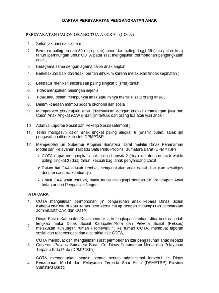 Daftar Persyaratan Adopsi Dan Form Check List 2021 Fix Oke - 022845 | PDF