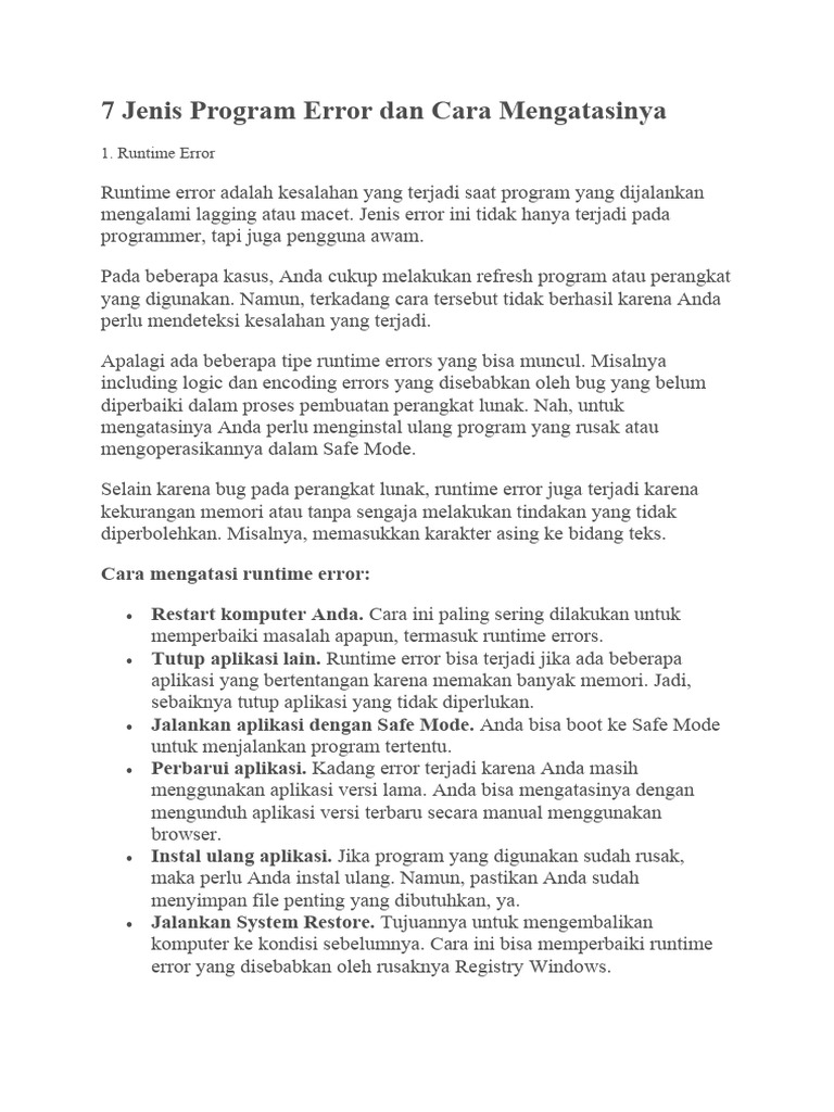 7 Jenis Program Error Dan Cara Mengatasinya | PDF | Karier ...
