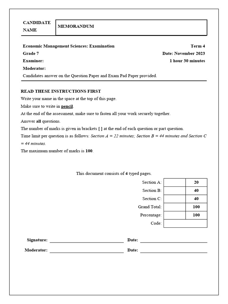 Term 4 - 2023 - GR 7 - EMS - Controlled Test - Memorandum | PDF ...