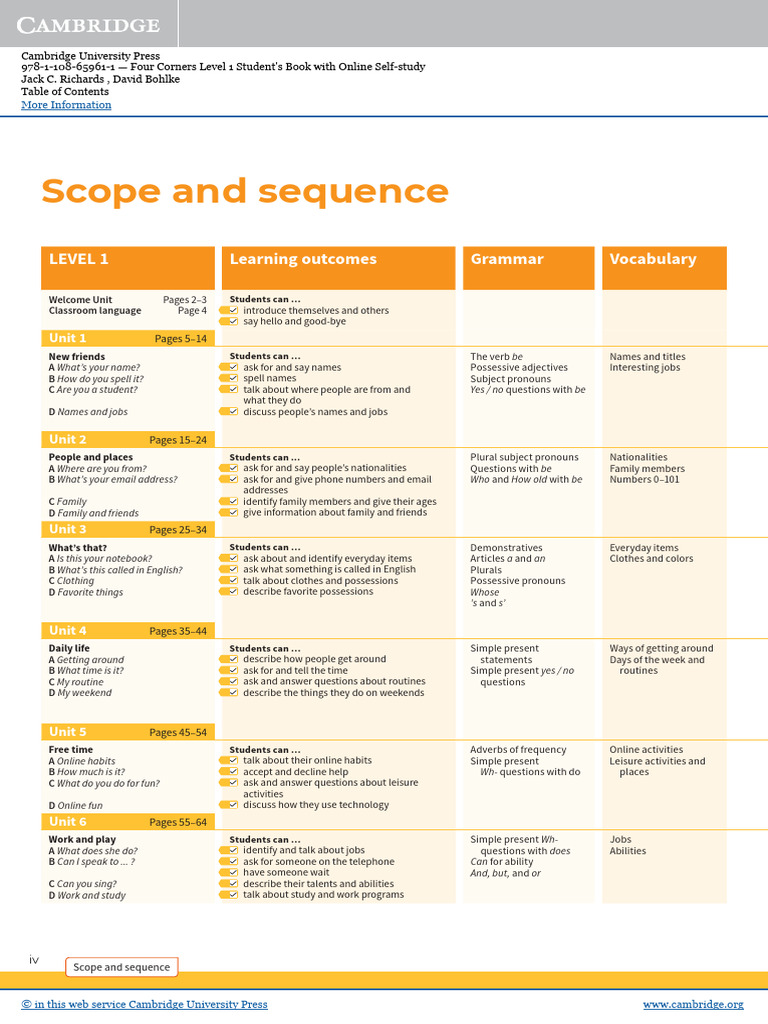 Four Corners Level 1 9781108659611 - TOC | PDF | English Language | Meal