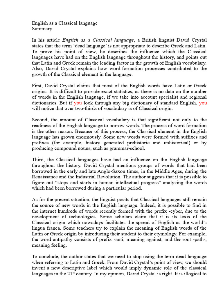 English As A Classical Language | PDF | English Language | Word