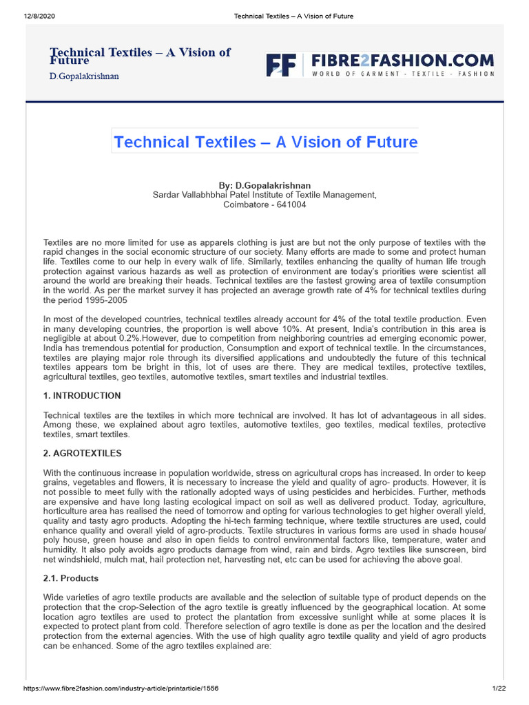 Technical Textiles - A Vision of Future | PDF | Agriculture | Textiles