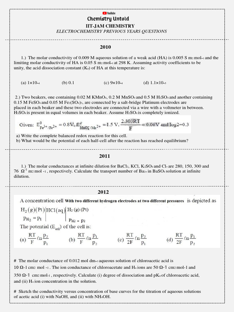 Electrochemistry Questions | PDF | Acid | Analytical Chemistry