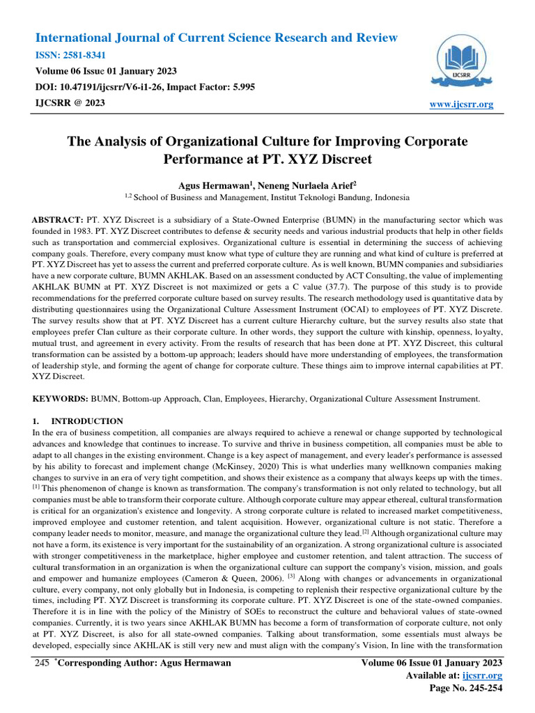 The Analysis of Organizational Culture For Improving Corporate ...
