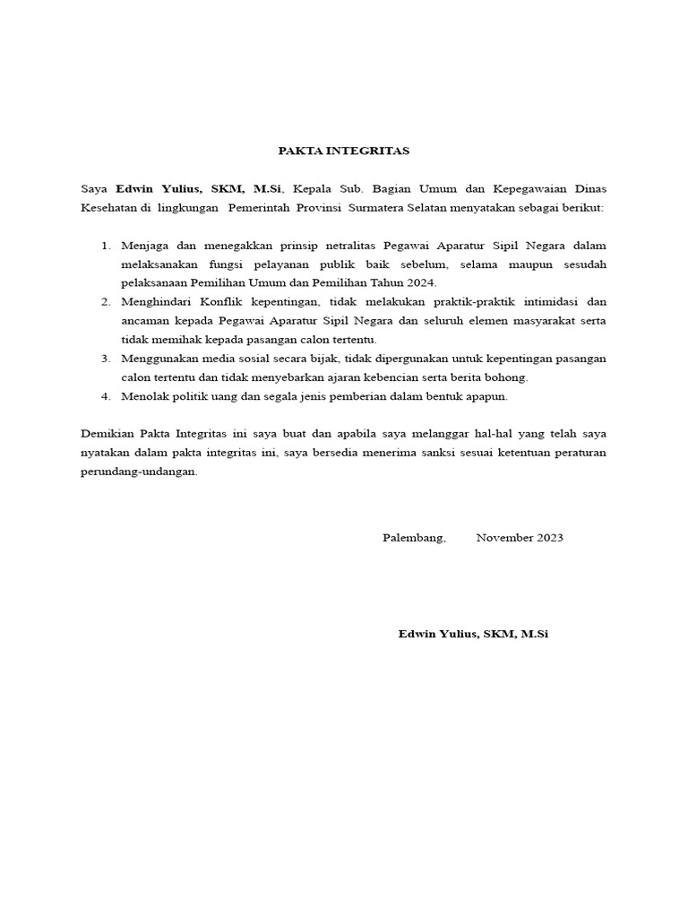 Contoh Format TTD Pakta Integritas | PDF