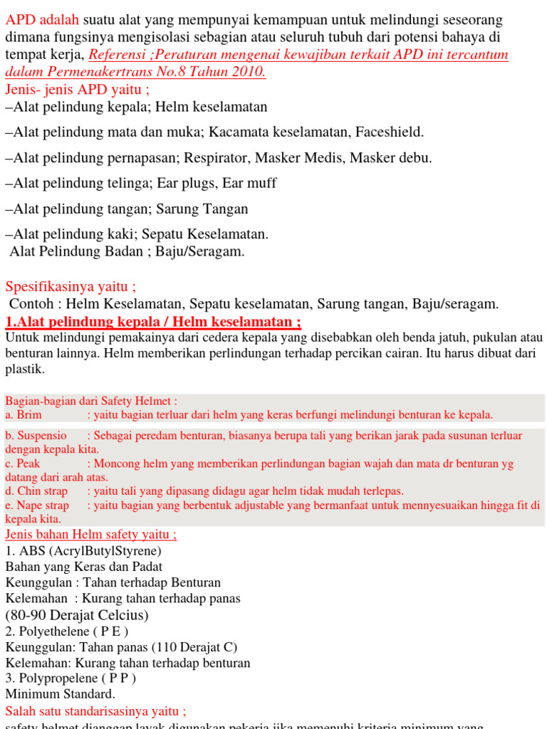 Jenis, Spesifikasi Dan Kelayakan APD | PDF