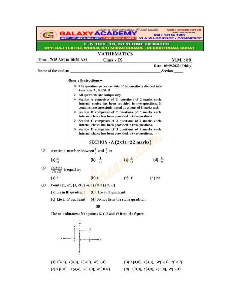 Class 9 Maths Question Paper | PDF