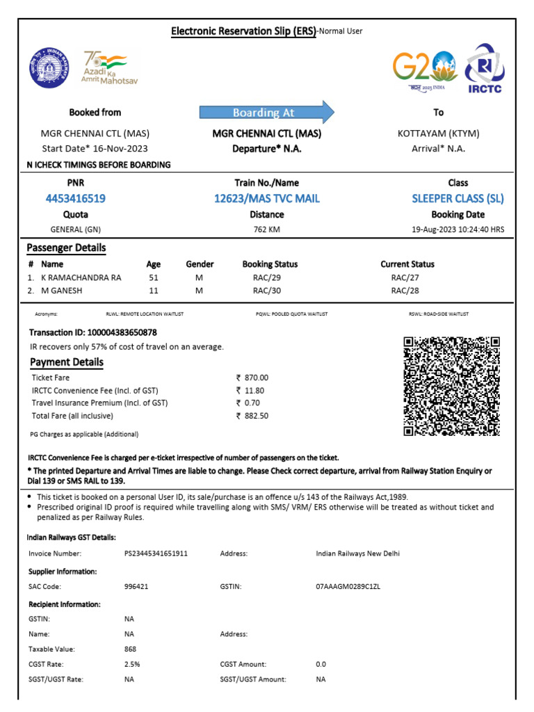 12623/MAS TVC MAIL Sleeper Class (SL) | PDF | Identity Document