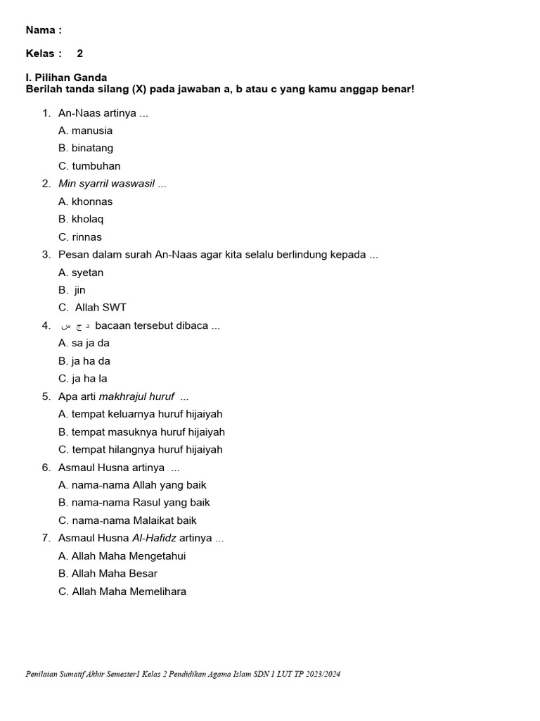 Soal Pas 1 Pai Kelas 2 2023-2024 | PDF | Agama & Spiritualitas