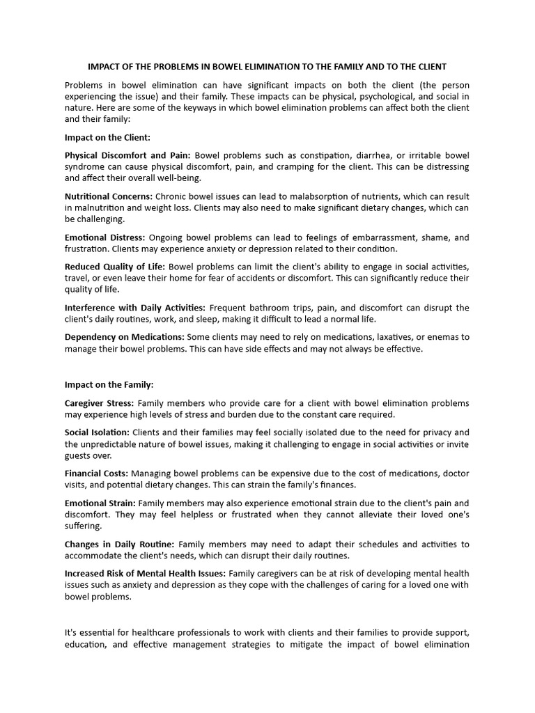 Impact of The Problems in Bowel Elimination To The Family and To The Client | PDF | Caregiver ...