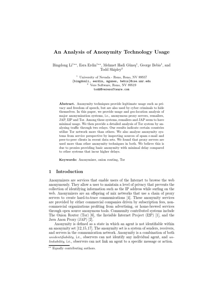 An Analysis of Anonymity Technology Usage: (Bingdonli, Eerdin, Mgunes, Bebis) @cse - Unr.edu ...