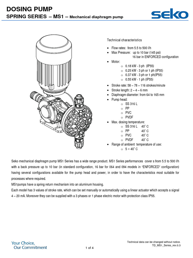 Seko MS1 Series Dosing Pump Overview | PDF | Pump | Actuator