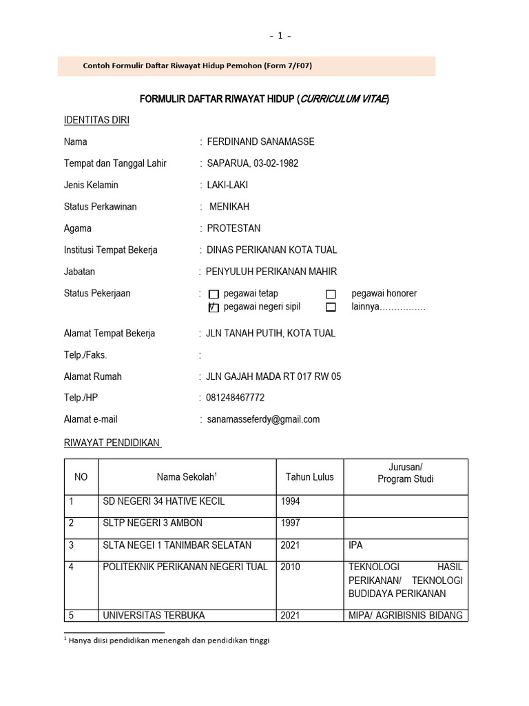 Contoh Formulir Daftar Riwayat Hidup Pemohon | PDF