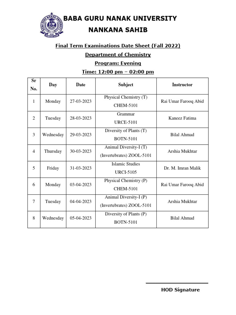 Final Term Date Sheet Evening | PDF | Physical Sciences