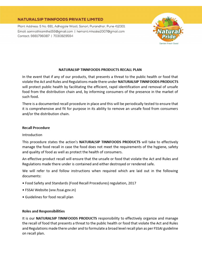 FSSAI Food Recall - Plan | PDF | Food Safety | Safety