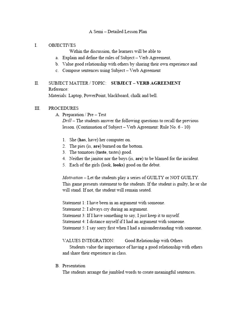 Lesson Plan Subject Verb Agreement | PDF | Subject (Grammar ... Lesson Plan Subject Verb Agreement | PDF | Subject (Grammar ...