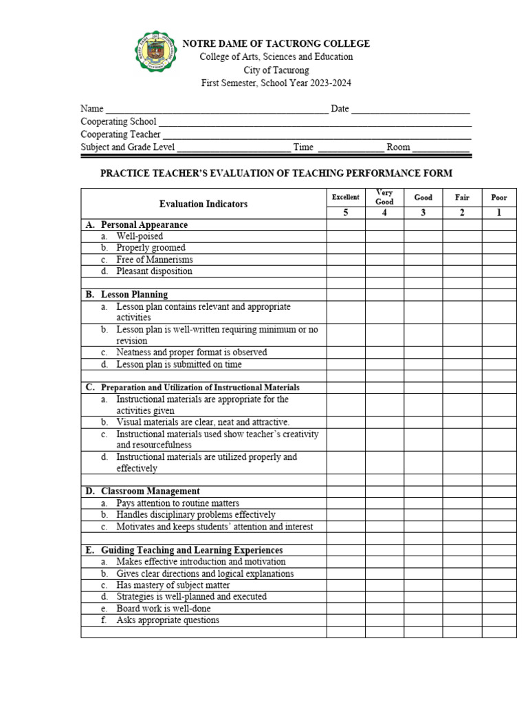 Evaluation of Teaching Performance Form | PDF | Lesson Plan | Teachers