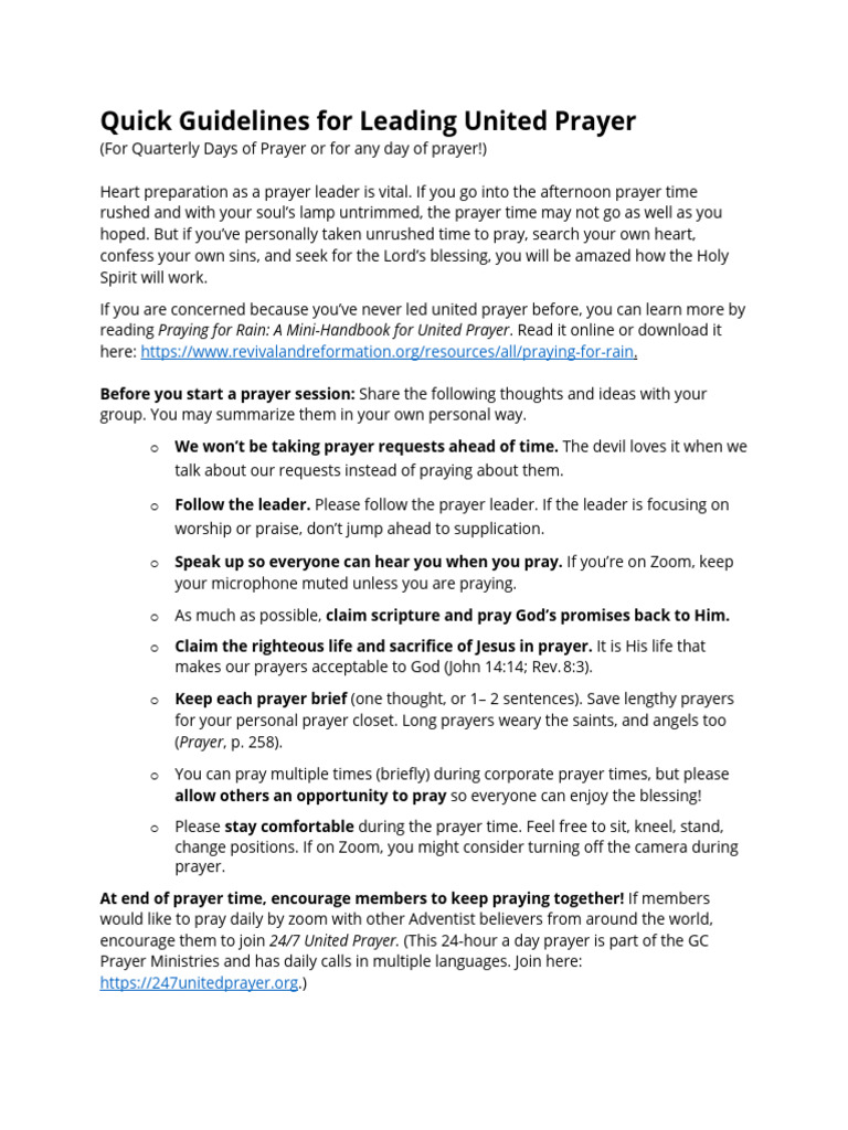 1061 - Quick Guidelines For Leading United Prayer | PDF | Prayer ...
