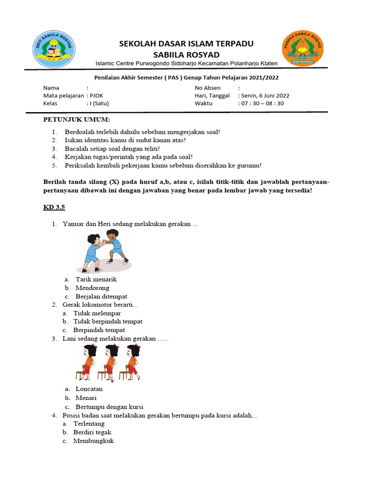 Soal PTS PJOK Kelas 1 Semester 2 | PDF