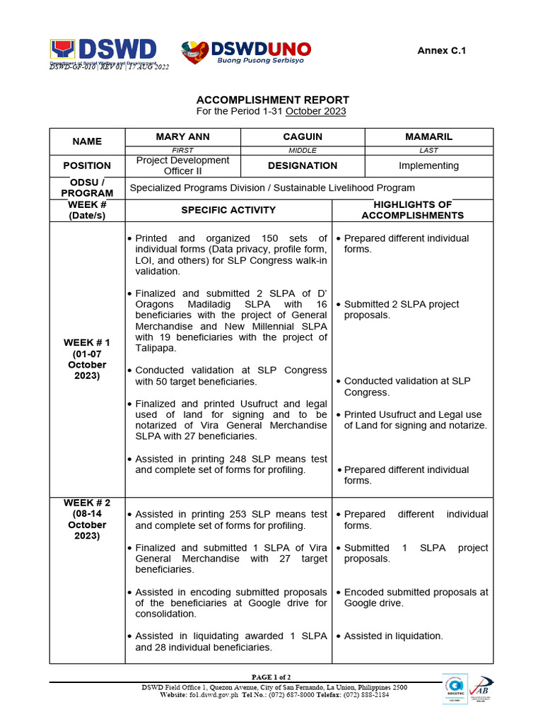 Annex C.1 Accomplishment Report | PDF | Privacy | Justice