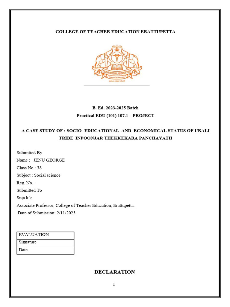 B Ed Projat Pdf Kerala Tribe