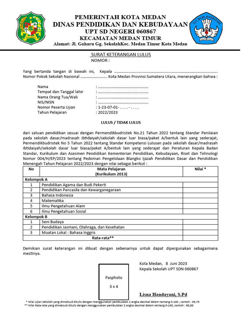 Surat Keterangan Lulus SD Medan 2023 | PDF