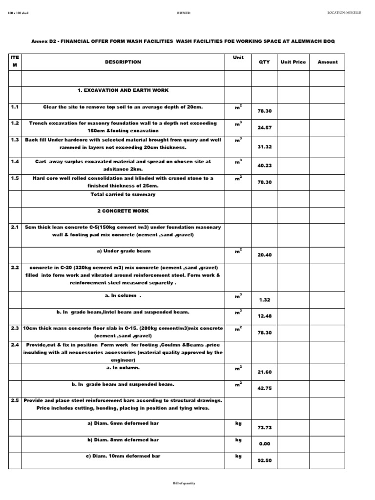 Bill of Quantities for 100x100 Shed | PDF | Concrete | Masonry