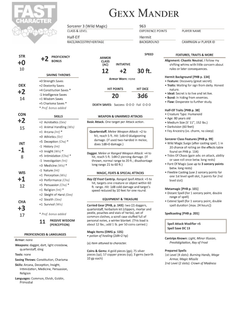 Gexx Mander (Half Elf Sorcerer) | PDF