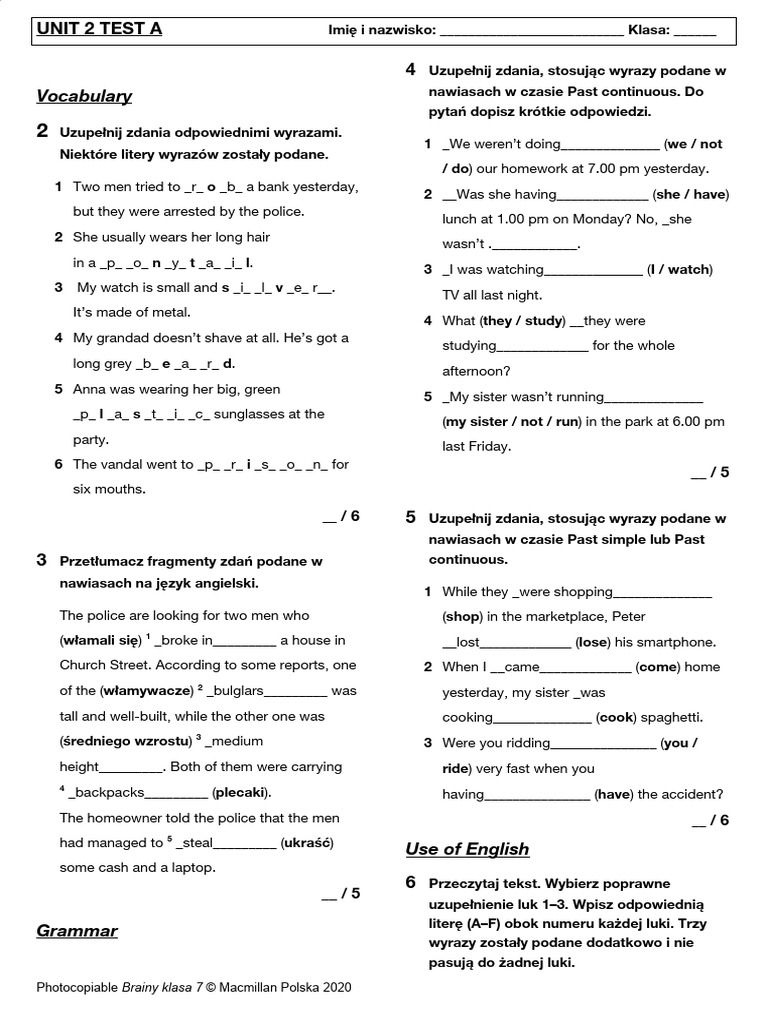 Vocabulary: Photocopiable Brainy Klasa 7 © Macmillan Polska 2020 | PDF ...