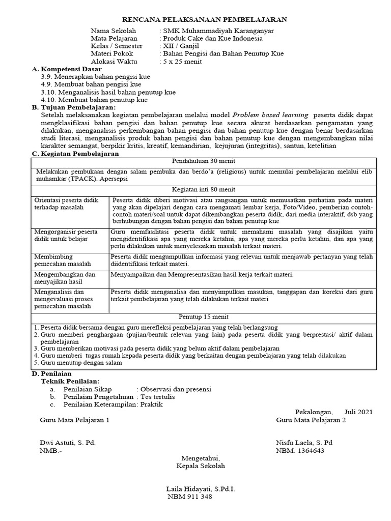 RPP Produk Cake Dan Kue Indonesia Kelas Xii Tata Boga | PDF