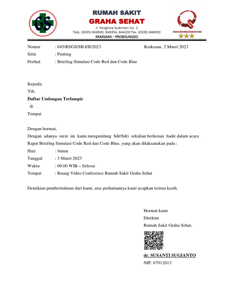 Undangan Rapat Briefing Simulasi Code Red Dan Code Blue | PDF