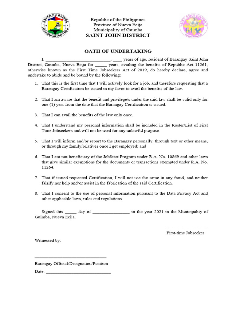 First Time Job Seeker Oath Document | PDF | Finance & Money Management ...