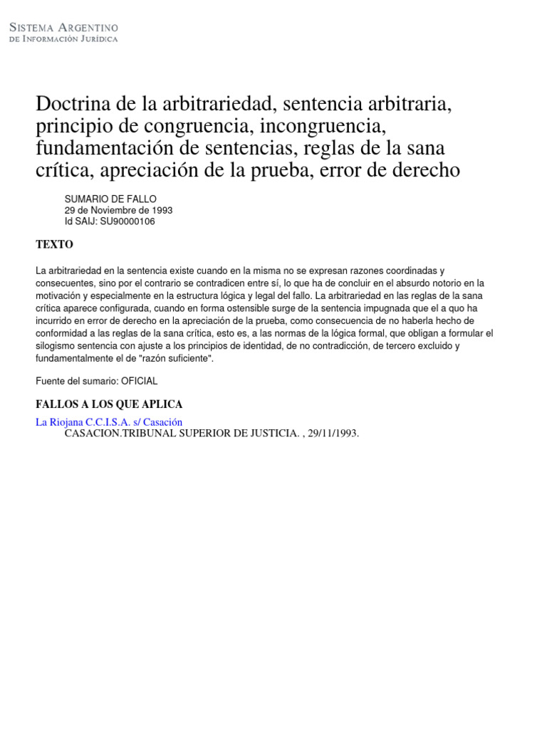 Doctrina de La Arbitrariedad, Sentencia Arbitraria, Principio de ... Doctrina de La Arbitrariedad, Sentencia Arbitraria, Principio de ...