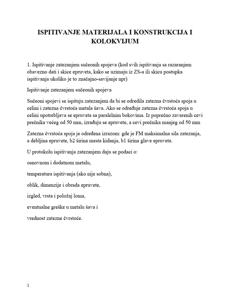 Ispitivanje Materijala I Konstrukcija I Kolokvijum | PDF