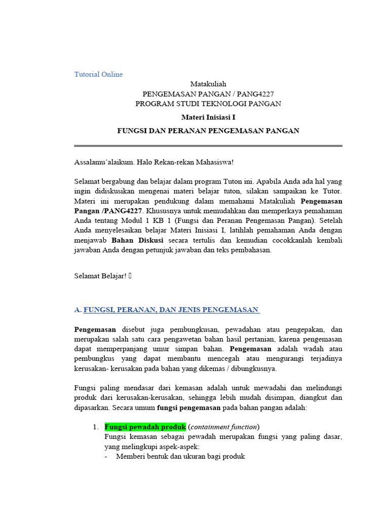 Inisiasi 1. Fungsi Kemasan Pangan | PDF