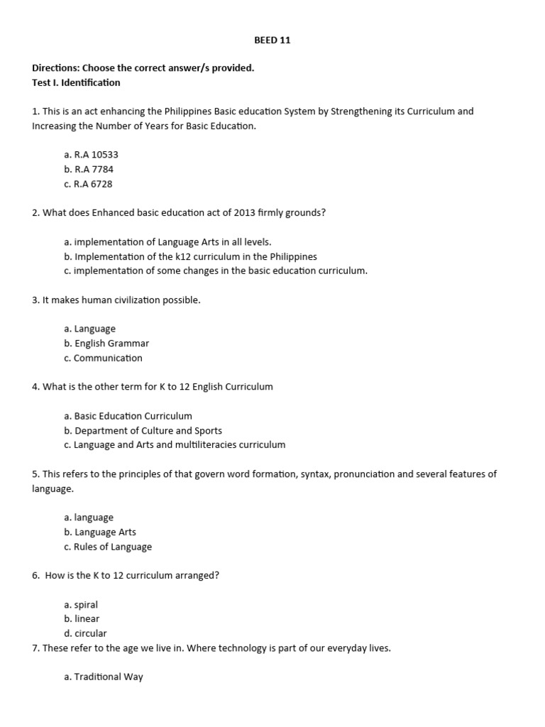 50 Item Test Questions BEED 11 | PDF | Learning | Educational Assessment