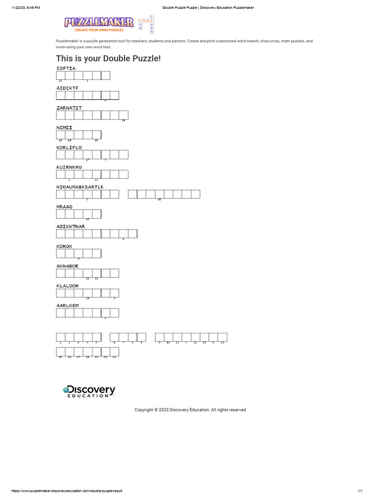 Double Puzzle Puzzle - Discovery Education Puzzlemaker | PDF