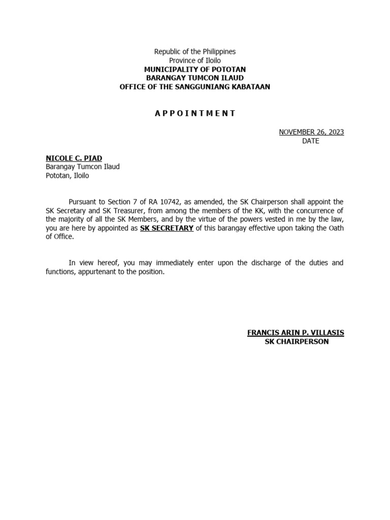 Appointment of SK Secretary in Tumcon Ilaud | PDF
