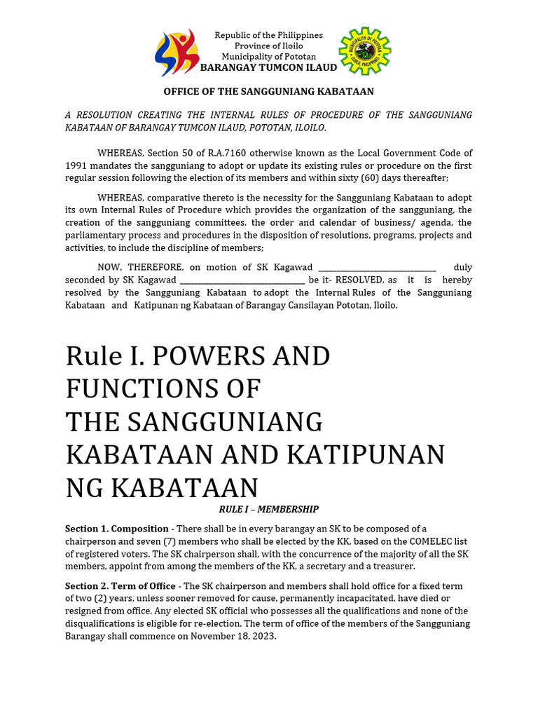 Internal-Rules-Of-Procedure-Of-The-Sk-Of-Brgy. - Tumcon Ilaud | Download Free PDF | Quorum ...