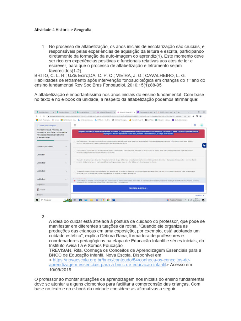 Atividade 4 HISTÓRIA E GEOGRAFIA | PDF | Aprendizado | Alfabetização