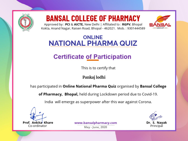 Certificate For Pankaj Lodhi For - Online National Pharma Quiz... | PDF