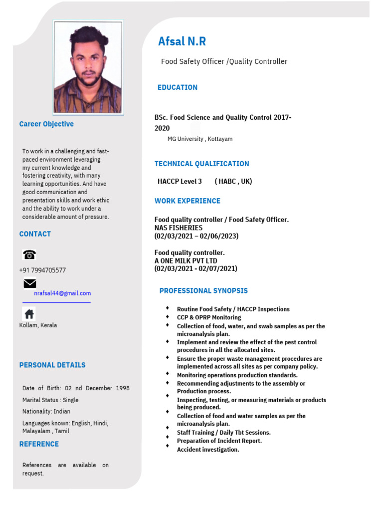 Afsal CV - 2023 - 231012 - 115721.pdf - 20231012 - 123238 - 0000-1 | PDF | Food Safety | Hazard ...