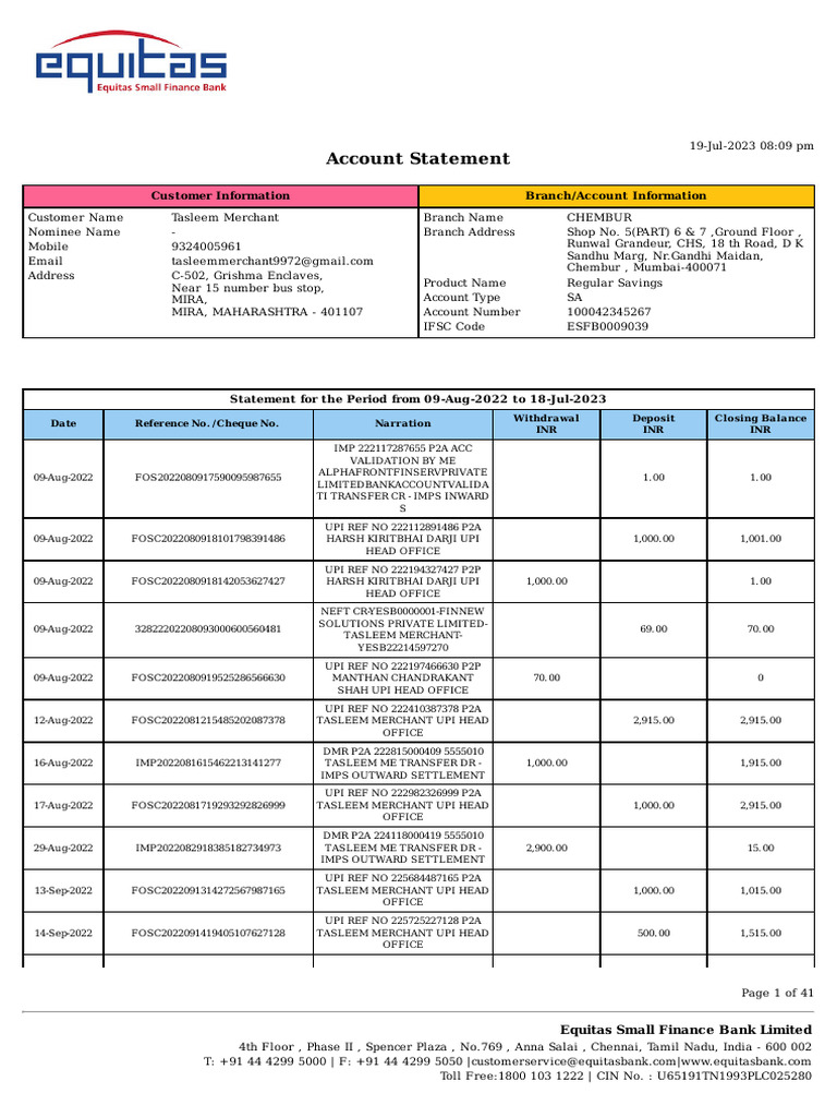 Account Statement: Customer Information Branch/Account Information ...